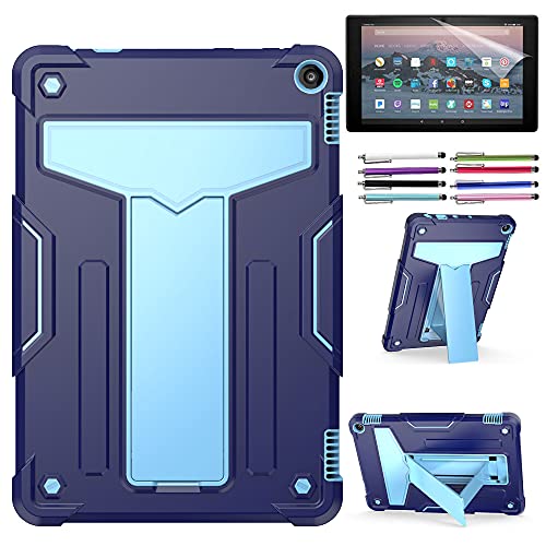 Epicgadget Case for Amazon Fire HD 10 and Fire HD 10 Plus (11th Generation, 2021 Released) - Heavy Duty Shockproof Hybrid Case with Kickstand + 1 Screen Protector Film and 1 Stylus (Navy Blue/Blue)