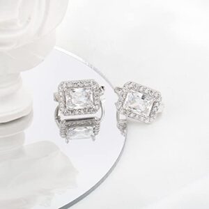 White Gold Plated 925 Sterling Silver Small CZ Halo Huggie Hoop Earrings Rectangle