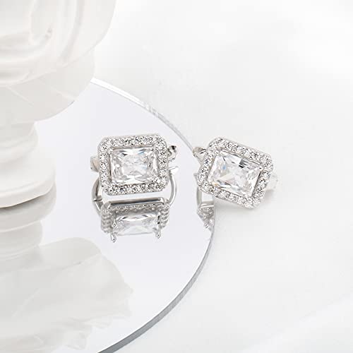 White Gold Plated 925 Sterling Silver Small CZ Halo Huggie Hoop Earrings Rectangle