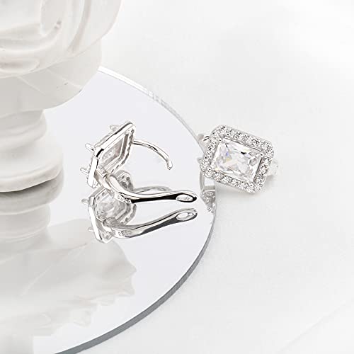 White Gold Plated 925 Sterling Silver Small CZ Halo Huggie Hoop Earrings Rectangle