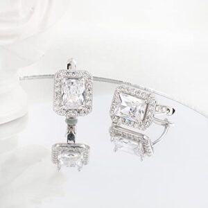 White Gold Plated 925 Sterling Silver Small CZ Halo Huggie Hoop Earrings Rectangle