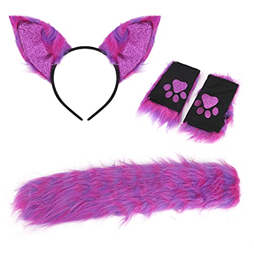 Cat Wolf Fox Tail Faux Fur Ear Headband and Paw Gloves Set for Adult Children Halloween Christmas Fancy Party Costume Gifts Animal Cosplay Accessories (Purple-Red)