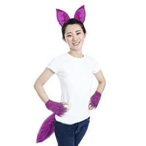 Cat Wolf Fox Tail Faux Fur Ear Headband and Paw Gloves Set for Adult Children Halloween Christmas Fancy Party Costume Gifts Animal Cosplay Accessories (Purple-Red)