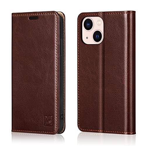 Belemay Compatible with iPhone 13 Wallet Case, Protective Genuine Leather Flip with RFID Blocking Card Holders [Undetachable Soft Interior Shell] Folio Phone Cover for Men Women (6.1-inch 2021) Brown