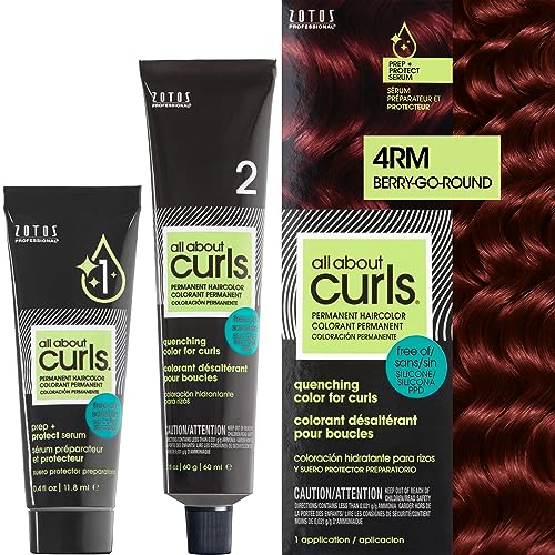 All About Curls 4RM Berry-Go-Round Permanent Hair Color (Prep + Protect Serum & Hair Dye for Curly Hair) - 100% Grey Coverage, Nourished & Radiant Curls