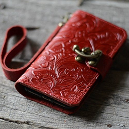 Handmade Genuine Leather Wallet Case For LG V60 ThinQ 5G Case Leather Case For v60 With Wristlet Red