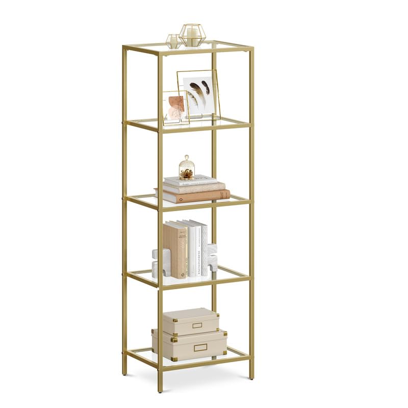 VASAGLE Bookcase, 5-Tier Bookshelf, Slim Shelving Unit for Bedroom, Bathroom, Home Office, Tempered Glass, Steel Frame, Gold Color ULGT029A01