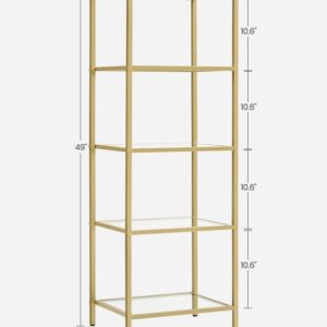 VASAGLE Bookcase, 5-Tier Bookshelf, Slim Shelving Unit for Bedroom, Bathroom, Home Office, Tempered Glass, Steel Frame, Gold Color ULGT029A01