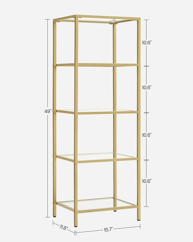 VASAGLE Bookcase, 5-Tier Bookshelf, Slim Shelving Unit for Bedroom, Bathroom, Home Office, Tempered Glass, Steel Frame, Gold Color ULGT029A01