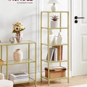 VASAGLE Bookcase, 5-Tier Bookshelf, Slim Shelving Unit for Bedroom, Bathroom, Home Office, Tempered Glass, Steel Frame, Gold Color ULGT029A01