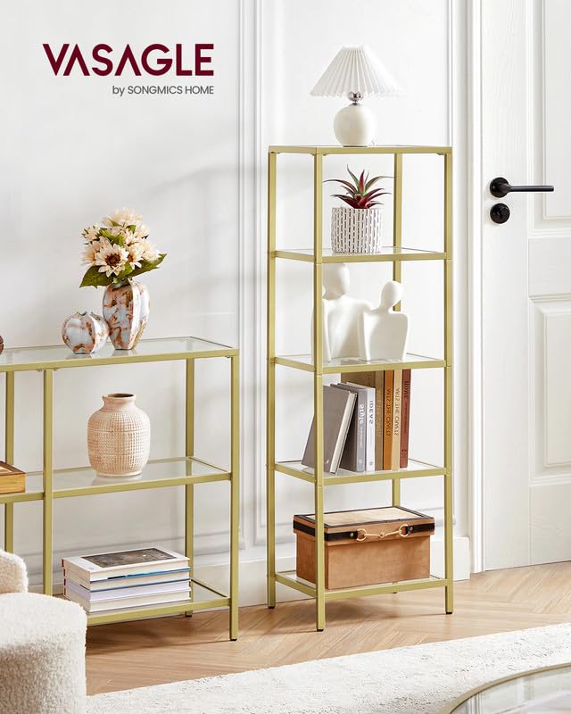 VASAGLE Bookcase, 5-Tier Bookshelf, Slim Shelving Unit for Bedroom, Bathroom, Home Office, Tempered Glass, Steel Frame, Gold Color ULGT029A01