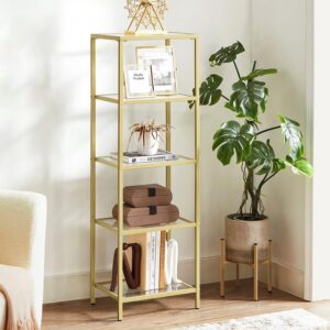 VASAGLE Bookcase, 5-Tier Bookshelf, Slim Shelving Unit for Bedroom, Bathroom, Home Office, Tempered Glass, Steel Frame, Gold Color ULGT029A01