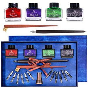 longlongjin calligraphy set for beginners-calligraphy fountain pen,2 wooden dip pen, 12 replaceable stainless steel tips, 4 bottles of of ink,1pen holder