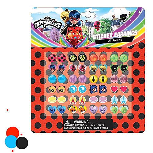 Miraculous Ladybug – Set of 24 Pairs of Self-Adhesive Sticker Earrings – Jewels Feature Ladybug, Cat Noir, Tikki, Plagg, Eiffel Tower