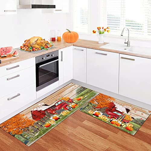 Z&L Home Kitchen Mat and Rug Set of 2 Thanksgiving Fall Farm Absorbent Bath Floor Mat Soft Non Slip Doormats Dwarfs with Pumpkins Retro Truck Wood Barn Plank Runner Carpets for Laundry Bedroom