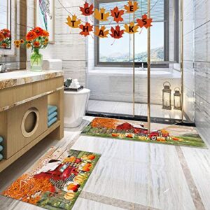 Z&L Home Kitchen Mat and Rug Set of 2 Thanksgiving Fall Farm Absorbent Bath Floor Mat Soft Non Slip Doormats Dwarfs with Pumpkins Retro Truck Wood Barn Plank Runner Carpets for Laundry Bedroom