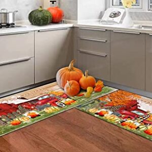 Z&L Home Kitchen Mat and Rug Set of 2 Thanksgiving Fall Farm Absorbent Bath Floor Mat Soft Non Slip Doormats Dwarfs with Pumpkins Retro Truck Wood Barn Plank Runner Carpets for Laundry Bedroom