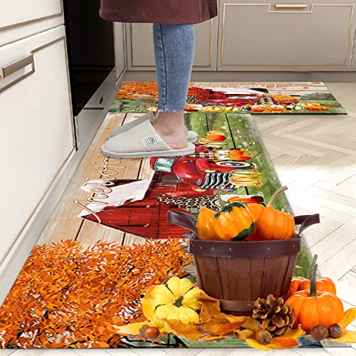 Z&L Home Kitchen Mat and Rug Set of 2 Thanksgiving Fall Farm Absorbent Bath Floor Mat Soft Non Slip Doormats Dwarfs with Pumpkins Retro Truck Wood Barn Plank Runner Carpets for Laundry Bedroom