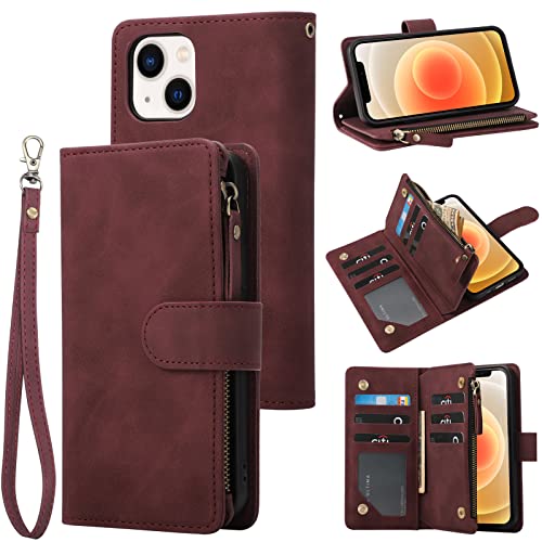 RANYOK Wallet Case Compatible with iPhone 13 (6.1 inch), Premium PU Leather Zipper Flip Folio Wallet RFID Blocking with Wrist Strap Magnetic Closure Built-in Kickstand Protective Case (Wine Red)