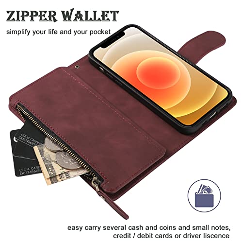 RANYOK Wallet Case Compatible with iPhone 13 (6.1 inch), Premium PU Leather Zipper Flip Folio Wallet RFID Blocking with Wrist Strap Magnetic Closure Built-in Kickstand Protective Case (Wine Red)