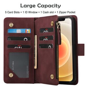 RANYOK Wallet Case Compatible with iPhone 13 (6.1 inch), Premium PU Leather Zipper Flip Folio Wallet RFID Blocking with Wrist Strap Magnetic Closure Built-in Kickstand Protective Case (Wine Red)