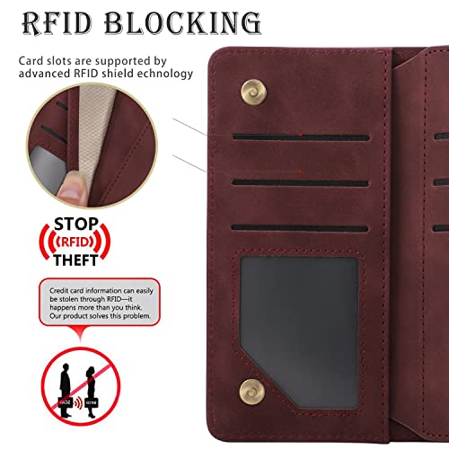 RANYOK Wallet Case Compatible with iPhone 13 (6.1 inch), Premium PU Leather Zipper Flip Folio Wallet RFID Blocking with Wrist Strap Magnetic Closure Built-in Kickstand Protective Case (Wine Red)