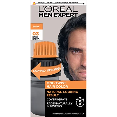 L’Oréal Paris Men Expert One Twist Mess Free Permanent Hair Color, Mens Hair Dye to Cover Grays, Easy Mix Ammonia Free Application, Dark Brown 03, 1 Application Kit