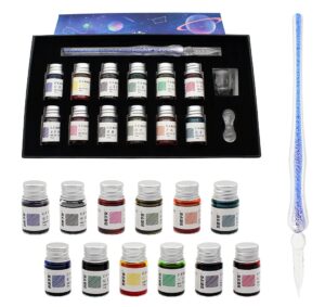 xiaoyu glass dip pen set, calligraphy pen set, happy planet glass pen set, 15-piece kit, crystal glass pen & pen holder & cleaning cup & 12 bottle ink, purple