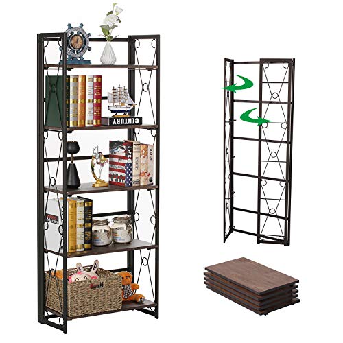 VECELO Bookshelf, 5 Shelf Folding Bookcase No Assembly, Industrial Metal Freestanding Shelves Rack Organizer for Living Room, Bedroom, Kitchen, Office, Dark Brown