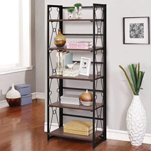 VECELO Bookshelf, 5 Shelf Folding Bookcase No Assembly, Industrial Metal Freestanding Shelves Rack Organizer for Living Room, Bedroom, Kitchen, Office, Dark Brown