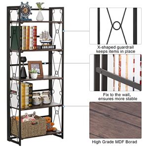 VECELO Bookshelf, 5 Shelf Folding Bookcase No Assembly, Industrial Metal Freestanding Shelves Rack Organizer for Living Room, Bedroom, Kitchen, Office, Dark Brown