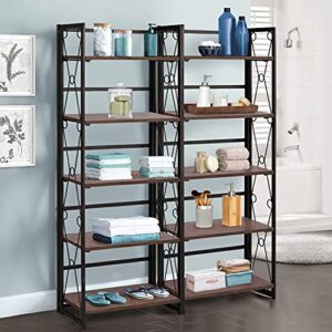 VECELO Bookshelf, 5 Shelf Folding Bookcase No Assembly, Industrial Metal Freestanding Shelves Rack Organizer for Living Room, Bedroom, Kitchen, Office, Dark Brown