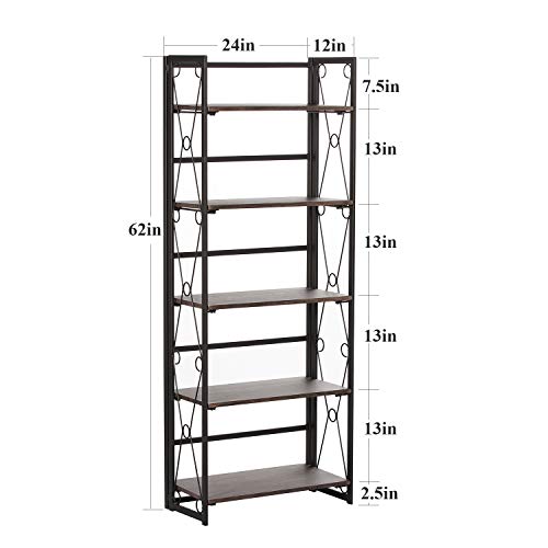 VECELO Bookshelf, 5 Shelf Folding Bookcase No Assembly, Industrial Metal Freestanding Shelves Rack Organizer for Living Room, Bedroom, Kitchen, Office, Dark Brown