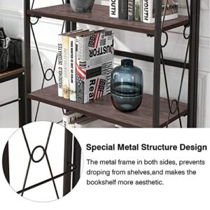 VECELO Bookshelf, 5 Shelf Folding Bookcase No Assembly, Industrial Metal Freestanding Shelves Rack Organizer for Living Room, Bedroom, Kitchen, Office, Dark Brown