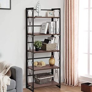 VECELO Bookshelf, 5 Shelf Folding Bookcase No Assembly, Industrial Metal Freestanding Shelves Rack Organizer for Living Room, Bedroom, Kitchen, Office, Dark Brown