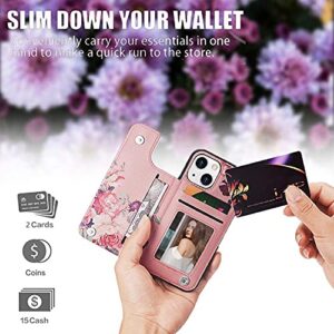 Crosspace Women Phone Wallet Case Compatible for iPhone 13 with Card Holder,Premuim Leather with Flowers add Good Feelings Charms,Easily 3 Cards,Kickstand,Raised Coner Protections(Pink,6.1inch)