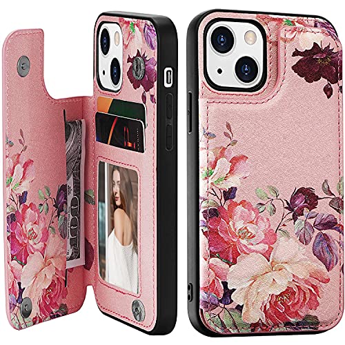 Crosspace Women Phone Wallet Case Compatible for iPhone 13 with Card Holder,Premuim Leather with Flowers add Good Feelings Charms,Easily 3 Cards,Kickstand,Raised Coner Protections(Pink,6.1inch)