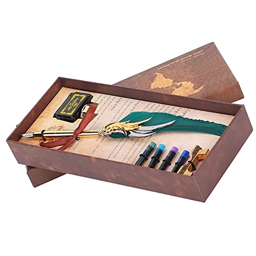 Zyyini Writing Feather Pen, Metal Retro Dip Quill Kit, Feather Pen Ink Set, for Calligraphy, Signature(Dark Green, Polar Animals)