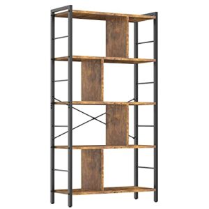 armocity bookshelf, 5 tier tall industrial bookcase wood metal frame standing book shelf, display bookshelves storage organizer for bedroom living room home office, rustic brown