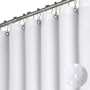 dynamene white fabric shower curtain， waffle weave heavy duty hotel luxury cloth shower curtains for bathroom, 72 inch 256gsm weighted bath curtain set with 12 plastic hooks,72x72