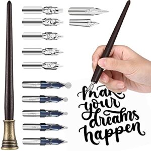 calligraphy pen set include fountain ink writing pen wooden fountain pen comic nib pen refillable pen with pen stand and 12 pieces vintage nibs for women men drawing hand lettering signing