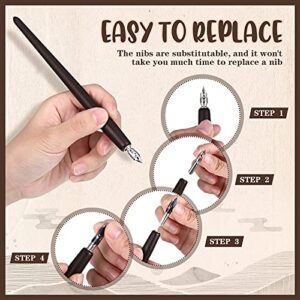 Calligraphy Pen Set Include Fountain Ink Writing Pen Wooden Fountain Pen Comic Nib Pen Refillable Pen with Pen Stand and 12 Pieces Vintage Nibs for Women Men Drawing Hand Lettering Signing