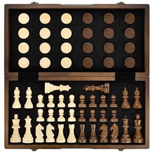 amerous magnetic wooden chess and checkers game set, 15 inches (2 in 1) chess board games, 2 extra queens - gift package - game pieces storage slots, beginner chess set for kids, adults