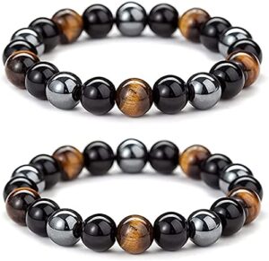 wfj black obsidian hematite triple protection bracelet tiger eye beads bracelets for men and women（10mm）, set of 2 black,gray 19cm