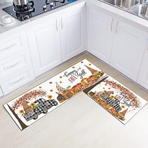 delaimastor fall gnome pumpkin decorative kitchen mats set of 2, fall halloween thanksgiving rustic yard low-profile floor mat for kitchen, gnome plaid maple leaves seasonal decorative floor mat