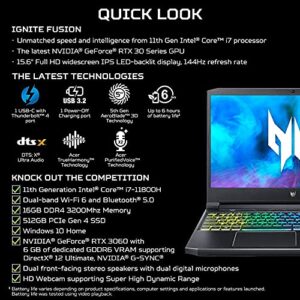 Acer Predator Helios 300 Gaming Laptop, Intel i7-11800H, NVIDIA GeForce RTX 3060 GPU, 15.6" FHD 144Hz 3ms IPS Display, 32GB DDR4 3200MHZ RAM, 1TB SSD, 1TB HDD, WiFi6, RGB KB, Win10 H(PH315-54-760S)