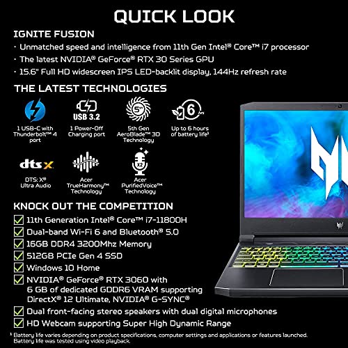 Acer Predator Helios 300 Gaming Laptop, Intel i7-11800H, NVIDIA GeForce RTX 3060 GPU, 15.6" FHD 144Hz 3ms IPS Display, 32GB DDR4 3200MHZ RAM, 1TB SSD, 1TB HDD, WiFi6, RGB KB, Win10 H(PH315-54-760S)