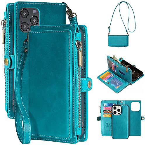 MInCYB Wallet Case Compatible with iPhone 13 Pro, Zipper Case with RFID Blocking Card Holder Slot, Magnetic Detachable Zipper Purse with Wristlet Strap, Leather Cover for iPhone 13 Pro.（Retro Blue）