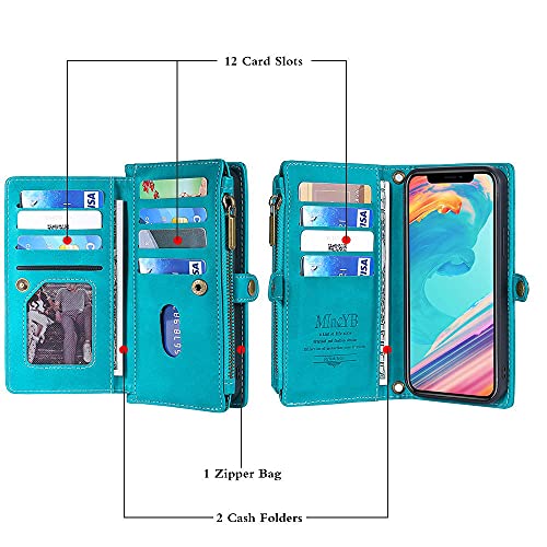 MInCYB Wallet Case Compatible with iPhone 13 Pro, Zipper Case with RFID Blocking Card Holder Slot, Magnetic Detachable Zipper Purse with Wristlet Strap, Leather Cover for iPhone 13 Pro.（Retro Blue）