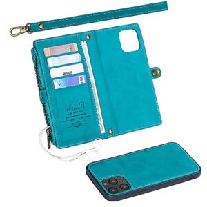 MInCYB Wallet Case Compatible with iPhone 13 Pro, Zipper Case with RFID Blocking Card Holder Slot, Magnetic Detachable Zipper Purse with Wristlet Strap, Leather Cover for iPhone 13 Pro.（Retro Blue）